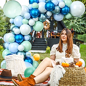 125pcs Blue Green Macaron Balloon and Metallic Blue Silver Balloon Garland Kit for Birthday Retirement Bridal Baby Shower Graduation Wedding Anniversary Party Decoration