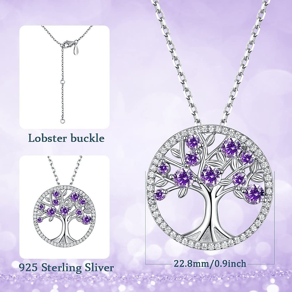 Zes-Husa February Birthstone Amethyst Jewelry Tree of Life Birthstone Pendant Necklace for Women Girls Valentines Day Gifts, Sterling Sliver Necklace Anniversary Birthday Gifts for Mom Wife