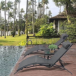 VARVIND Patio Chaise Lounge Chair Set of 3,Aluminum Outdoor Lounge Chair with Headrest,Sunbathing Lounger,Pool Tanning Chairs,Armrest Recliner Chiar with Side Table for Beach,Garden，Lawn(Grey)