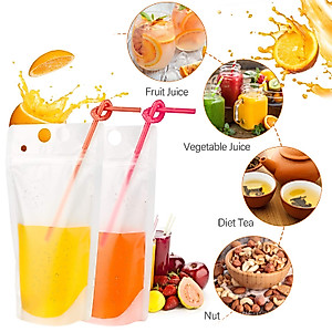 100PCs Drink Pouches with 100PCS Individual Wrapped Straws, Yamgqus Freezable Juice Pouches DIY Reclosable Zipper Drink Bags for Adults and Kids, Silicone Funnel Included - 17oz (100 Pack)