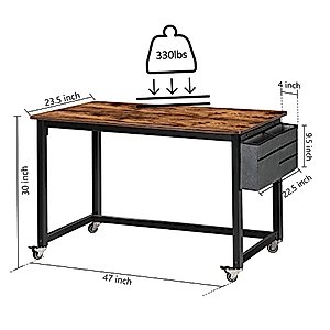 AHB 47" Rolling Computer Desk with 4 Smooth Wheels and 3 Iron Hooks, Simple Style Mobile Writing Desk Home Office Study Table Movable Workstation with Metal Frame