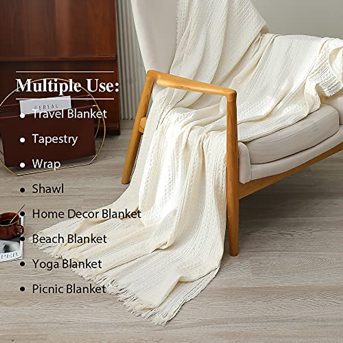 Simple&Opulence 100% Cotton Throw Blanket for Couch, Bed, Waffle Weave Cable Knit Blanket with Tassels, Soft Lightweight Pre-Washed Breathable Cozy Blanket Farmhouse Decoration for All-Season (White)