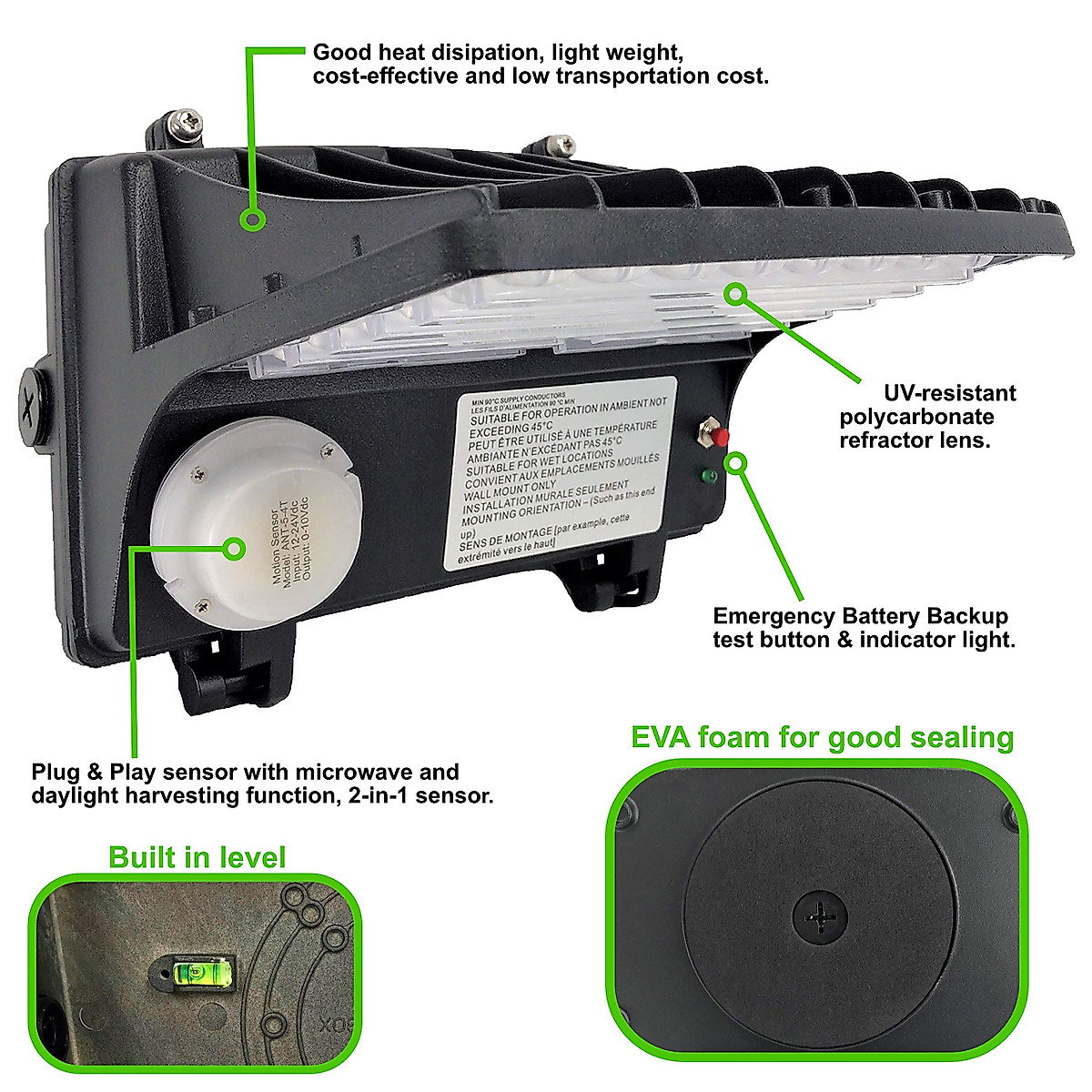 E2 lighting-LED Full Cut-Off Wall pack-40W with 2-in-1 Motion Sensor and Daylight Harvest, 90 Minutes Emergency Battery Backup, Wall Mount, dimmable, ROHS - UL, and DLC Certified