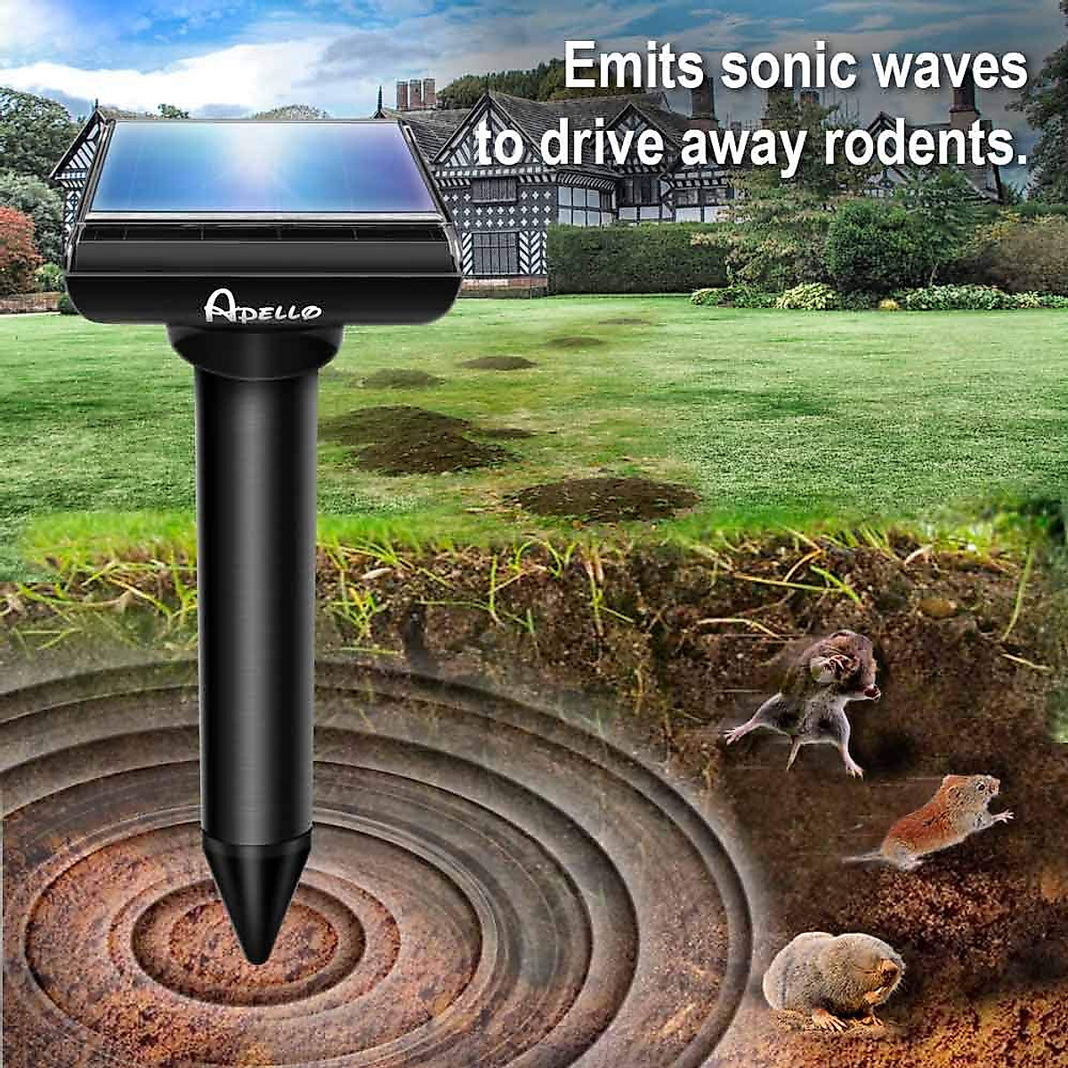 Apello Mole Repellent Pack of 4 Mole Chaser Vole Deterrent Mole Repeller Solar Powered Gopher Repellent Ultrasonic No Mole Killer Gopher Trap Harm to Your Yard