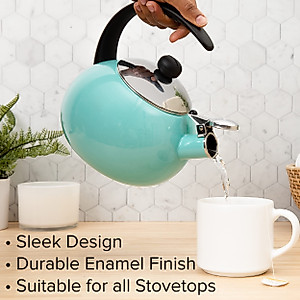 Farberware Luna Water Kettle, Whistling Tea Pot, Works For All Stovetops, Porcelain Enamel on Carbon Steel, BPA-Free, Rust-Proof, Stay Cool Handle, 2.5qt (10 Cups) Capacity (Aqua)