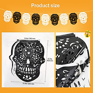 HOWAF 2 Pcs Plastic Papel Picado Day of The Dead Skull Bunting Banner Mexican Fiesta Banners Halloween Dia De Los Muertos Black White Skull Bunting Banner for Cinco De Mayo Decorations