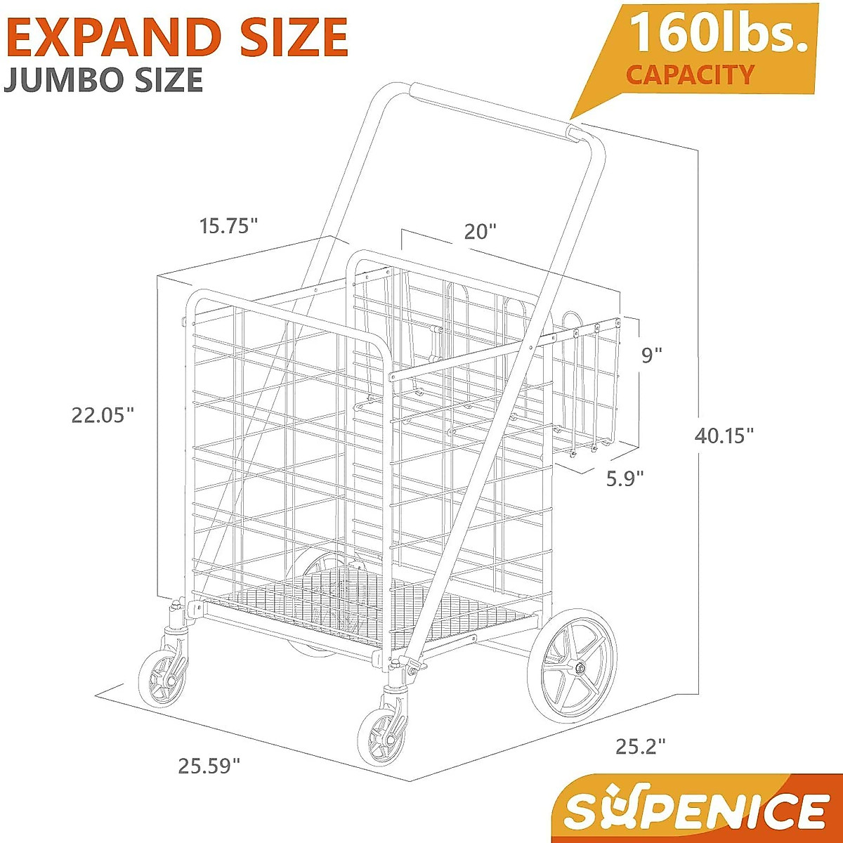 Supenice Jumbo Shopping Cart with Double Basket Grocery Cart Deluxe Folding Shopping Cart 360°Rolling Swivel Bearing Wheels Super Loading Utility Cart for Laundry, Grocery, Luggage