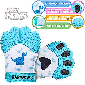 BabyNoms ® Teething Mitten | The Original Teething Paw | Safe Silicone Teething Toy or Teething Ring Provides Self-Soothing Teething Relief | Dino Blue Teether