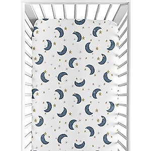 Sweet Jojo Designs Moon and Star Boy or Girl Fitted Crib Sheet Baby or Toddler Bed Nursery - Navy Blue and Gold Watercolor Celestial Sky