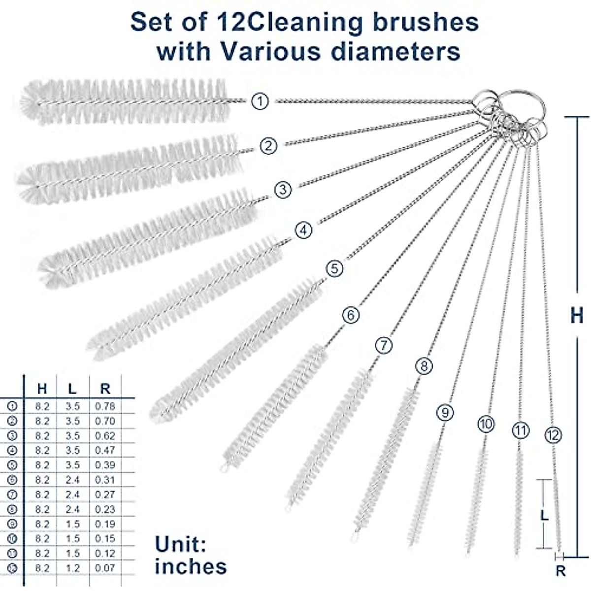 Ixiaoyoo Straw Cleaner Brushes Sets, 12 Pieces 8.2 Inch Botthle Cleaning Brush and Nylon Tube Brush Brush Kit for Sippy Cup, Tumbler, Water Bottle, Drinking Straw (White)