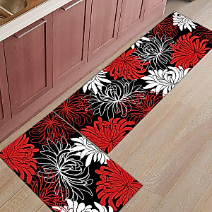 Kitchen Mats 2 Piece Set Non-slip Absorbent Kitchen Mat and Rug Comfort Standing Mats Abstract Floral Red Black and White Dahlia Floor Mats Runner Rug for Laundry Room, 15.7x23.6inch+15.7x47.2inch