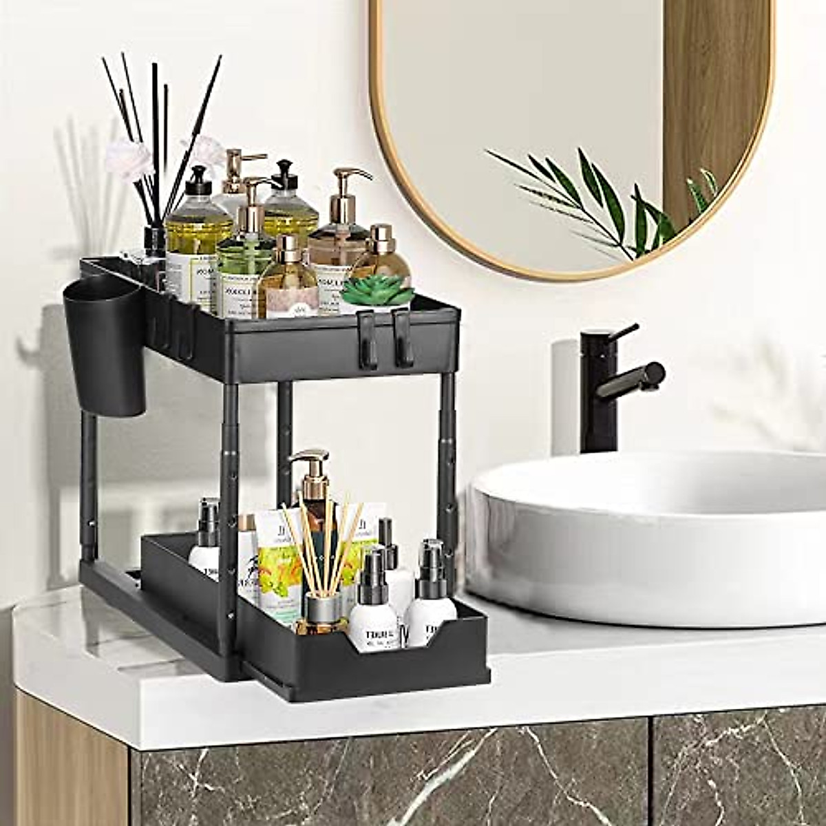 Eufrozy 2 Pack 2-Tier Under the Sink Organizer Bathroom, Sliding Under Cabinet Basket Organizer Adjustable Height Under Sink Storage for Kitchen Shelf Multi-Purpose Rack Drawer with 8 Hook 2 Cup