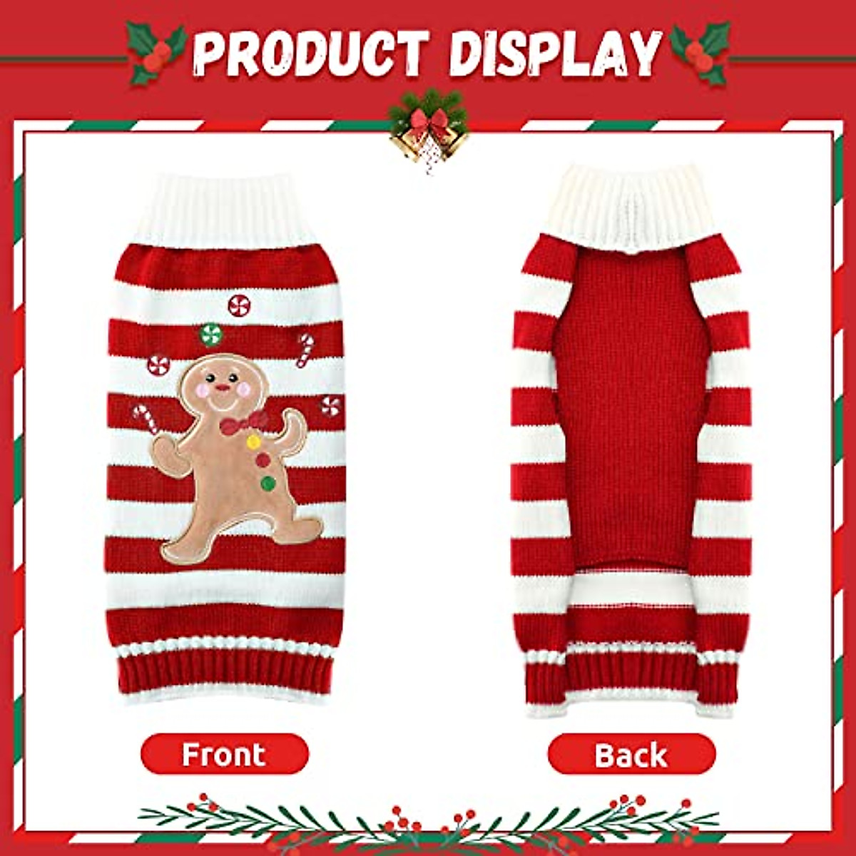 ABRRLO Christmas Dog Sweaters Cute Gingerbread Man Stripe Xmas Sweaters for Dogs Cats Warm Turtleneck Puppy Jumpers Pet Clothes Knitwear (L,Red Gingerbread)
