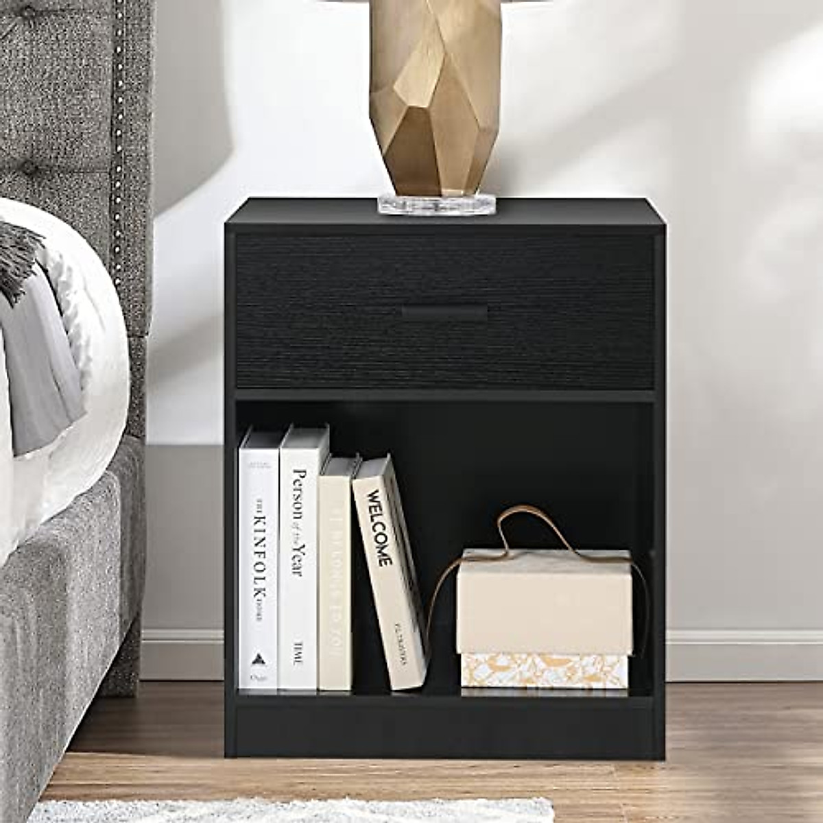 Iwell Nightstand Set of 2 with Drawer & Open Compartment, 23.6" H Bedside Table, End Table for Small Space, Bedroom, Black
