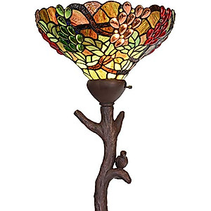 Bieye L10768 Grape Tiffany Style Stained Glass Torchiere Floor Lamp with 14 inches Lampshade, Bird on Branch Base, 70.5 inches Tall