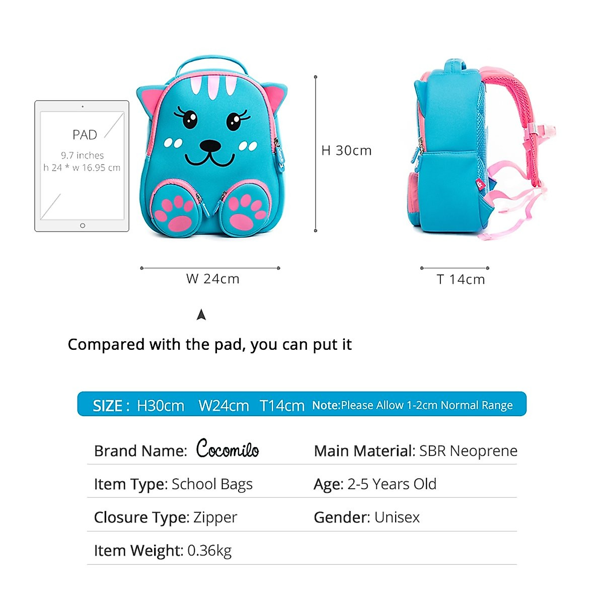 Cocomilo 12" Cartoon 3D Cat Toddler Backpack for Kids Waterproof Preschool Baby Bag for Boys and Girls with Ant-lost Leash (Blue Cat)