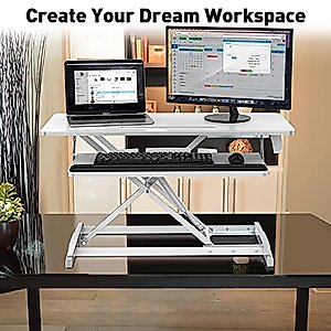 AboveTEK Standing Desk Converter, 36" Stand Up Desk Riser with Gel Wrist Rest, Tabletop Sit Stand Desk Fits Dual Monitors, Two Tiered Adjustable Height Desk with Removal Keyboard Tray, White