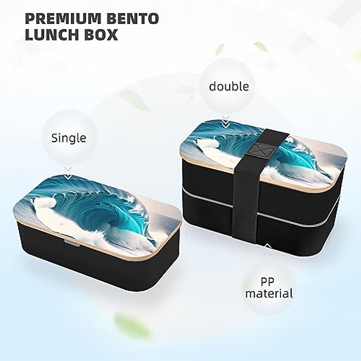 Cartoon Blue Sea Wave Adult Lunch Box, Bento Box, With Cutlery Set Of 3, 2 Compartments, Rectangular, Lunch Box For Adults
