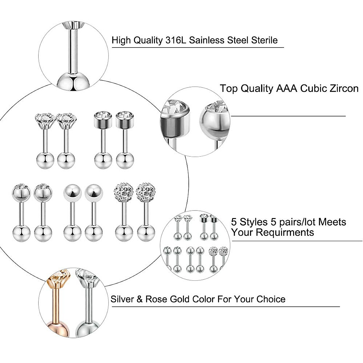 5 Pairs Ball Stud Earrings Stainless Steel 18G Barbell Gartilage Earrings Helix Earrings 4mm CZ Ear Piercing Set (Silver)