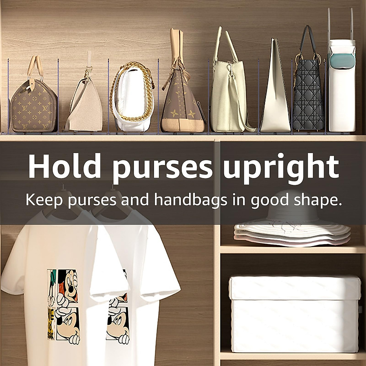 LDXDRU 2 Pack Adjustable Acrylic Shelf Dividers, 8 Dividers Purse Storage Organizer for Closet, Clear Purse Organizer for Closet, Bedroom, Office, Cabinets, Bookshelf, Keep Purses Upright