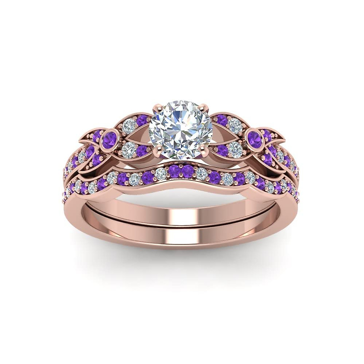 CustomizedGifts Flower Pave Diamond Wedding Ring Set rose gold plated Natural Amethyst Round shape purple color Wedding Ring Sets bezel Setting in Size 8 Party Wear Daily Wear Ornament