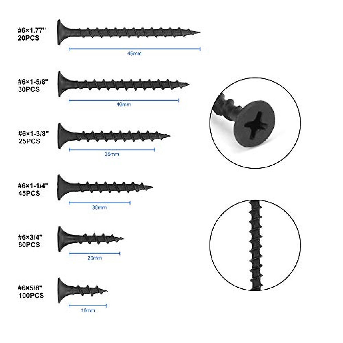WELLOCKS Drywall Screws 230 Pcs #6×5/8" to 2-1/2" Wood Screws Assortment Kit Self Tapping Black Coating Bugle Head Coarse Phillips Sharp Point Fast Drilling for Wood Drywall Sheetrock (D158)