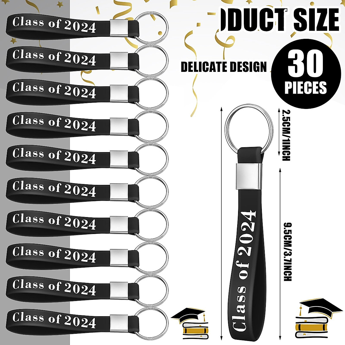 Kisston 30 Pcs Class of 2024 Graduation Keychains Silicone Rubber Keyring Graduation Bracelet Keychain for Graduation Party(Black)