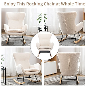 Olela Modern Rocking Chair Teddy Fabric Padded Seat with High Backrest and Armrests Accent Chair Lambswool Armchair Single Sofa Chair with Solid Wood Legs for Living Room Bedroom Playroom (Beige)