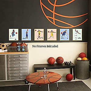 Inspirational Basketball Wall Art Prints, Abstract Basketball Stars Autograph Posters, Stephen Curry LeBron James Morant Giannis Canvas Art Print for Man Cave Boys Room Decor, 6 Set-(8"x10" Unframed)