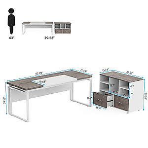 Tribesigns L-Shaped Executive Desk with Reversible File Cabinet, 63" Office Desk with Storage Drawers, L-Shaped Computer Desk with Drawer Cabinet for Hanging Letter Size Files,Gray & White