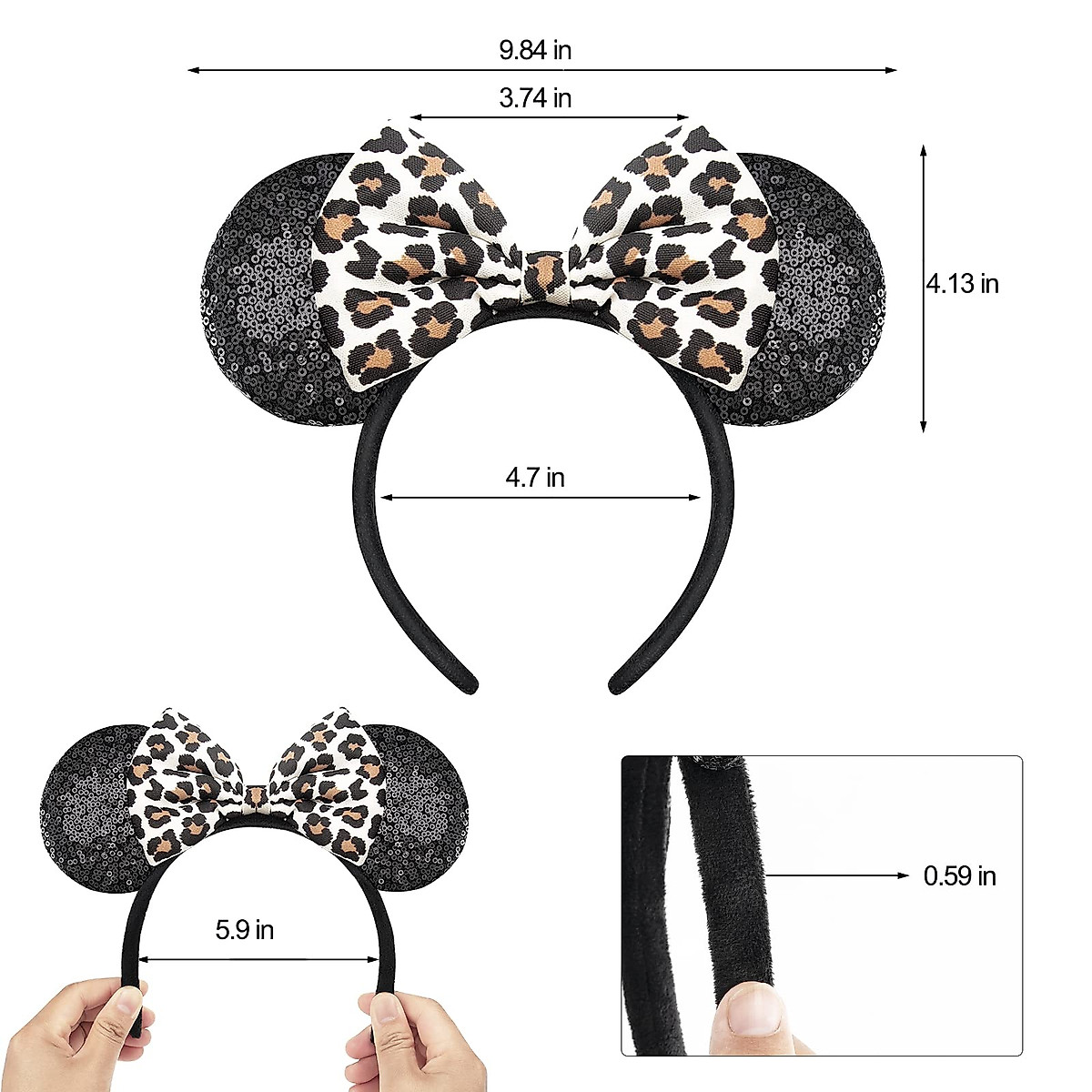YUNISS Shiny Sequin Mouse Headbands for Women & Girls, Christmas Birthday Party (Leopard & Dot Patterns)