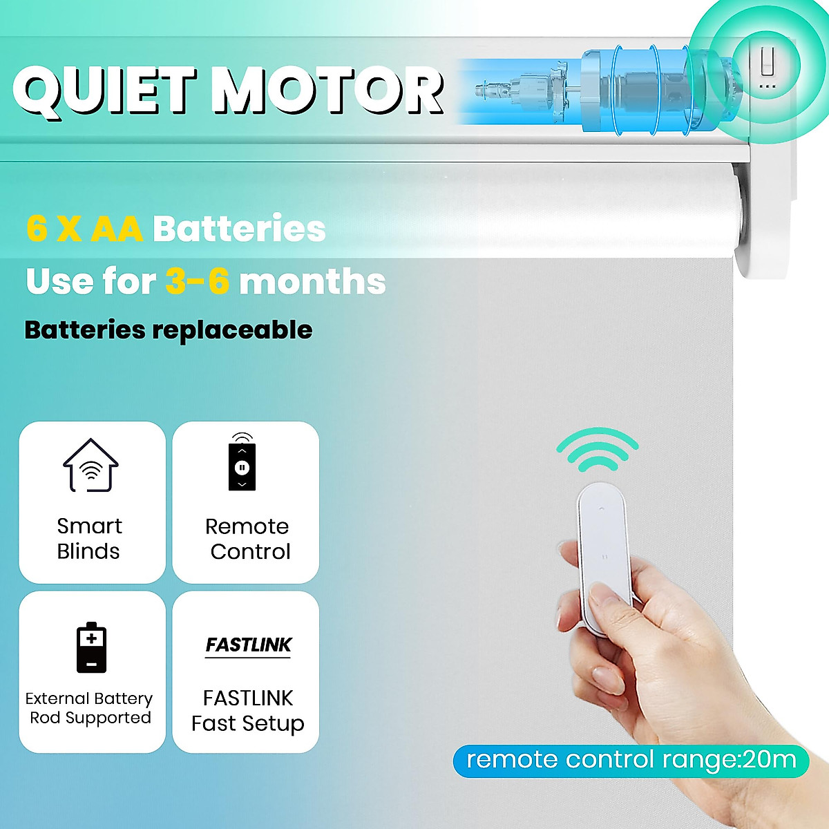 Allesin Motorized Roller Blinds with Remote Control for Windows, Blackout Smart Roller Shade, Battery Powered Electric Smart Blind (White,34" Wx72 H)