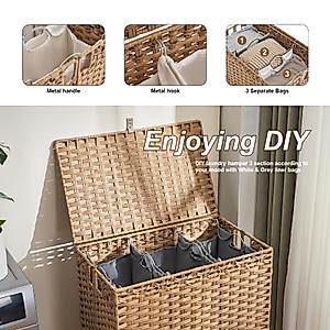 Laundry Hamper with Lid, 190L Large Laundry Basket 3 Section with 6 Removable Liner Bags & 3 Mesh Laundry Bags, Handwoven Rattan Clothes Hamper with Heightened Feet, No Install Needed, Natural