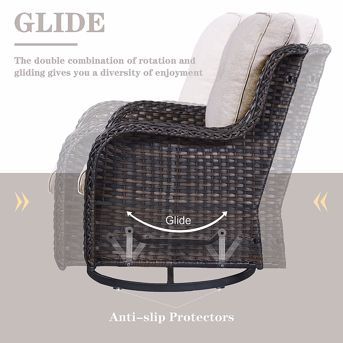 Outdoor Furniture Sectional Sofa L Shaped Couch - Patio Wicker Set with 2 Swivel Glider Chairs, 5 Piece Rattan Patio Conversation Sets with Beige Cushion for Deck Backyard Sunroom