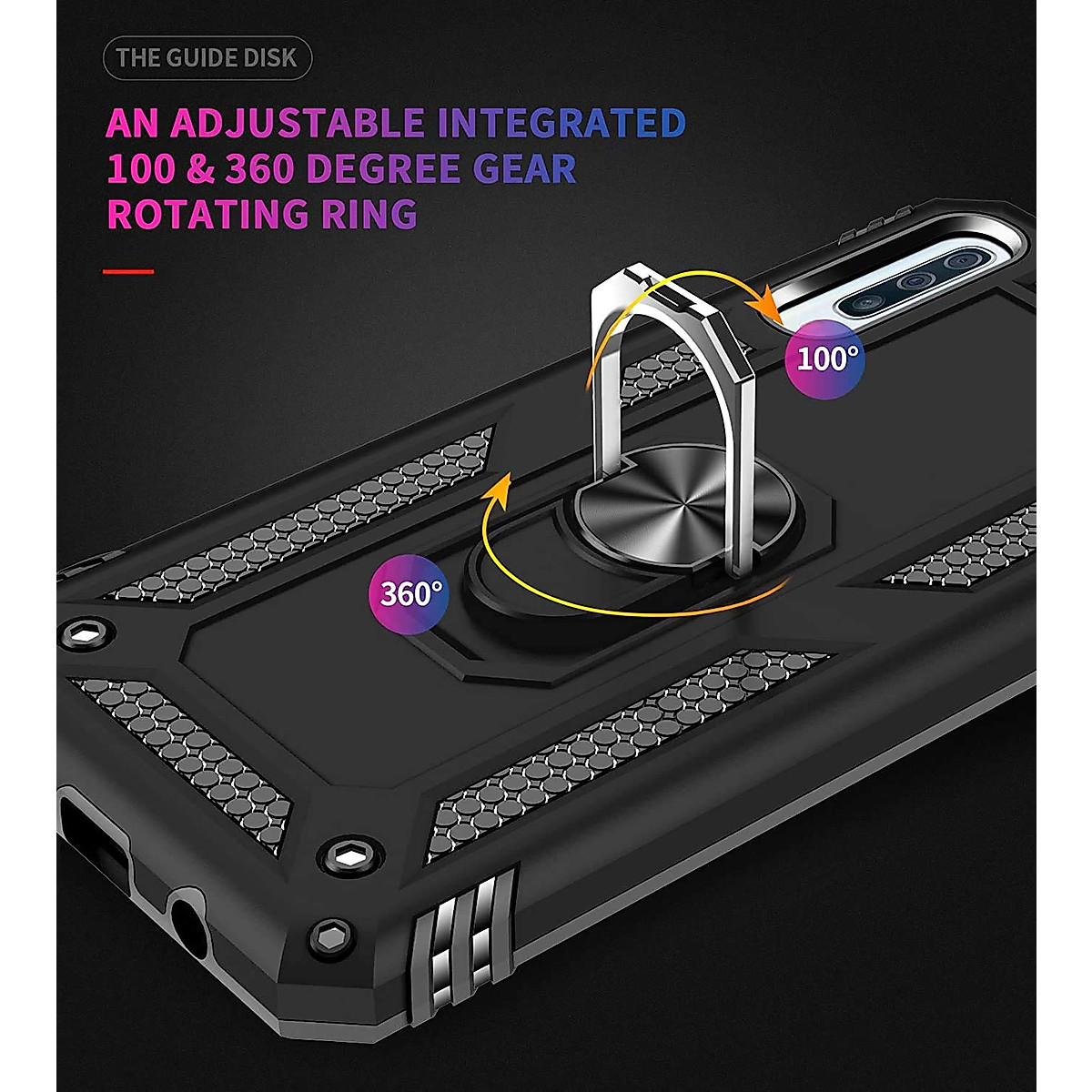 TJS Compatible with Samsung Galaxy A50 2019 Case, with Tempered Glass Screen Protector Metal Ring Magnetic Support Kickstand Heavy Duty Drop Protector Phone Case Cover (Black)