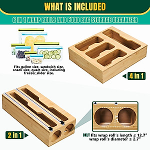 MG CUSTOM GOODS Bamboo Ziplock Bag Organizer & Plastic Wrap Dispenser with Cutter, 6 IN 1 Magnetic Kitchen Drawer Organizer for Gallon, Quart, Sandwich, Snack Bags
