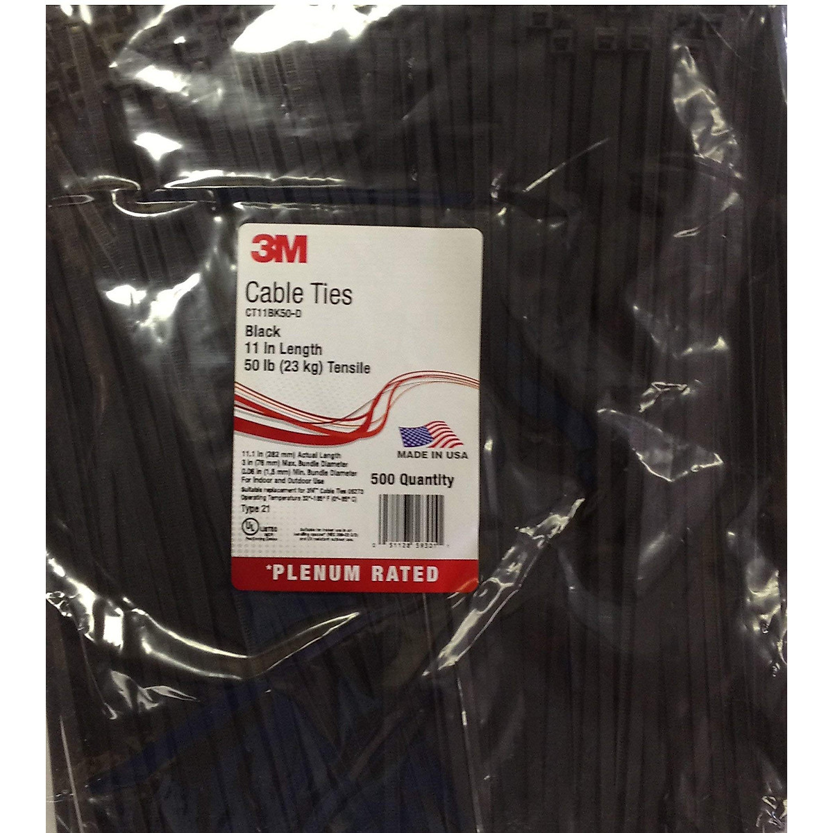 3M Standard Cable Tie CT11BK50-D, Black/Nylon, 50 lbs., 0.18 in x 11.10 in (Pack of 500)