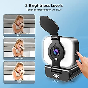 4K Webcam, USB Webcam with Microphone Privacy Cover UHD Built-in Ring Light Streaming Webcams for PC/MAC/Laptop, Plug and Play Web Camera for Video Calling, Study, Gaming, Online Classes, Conference