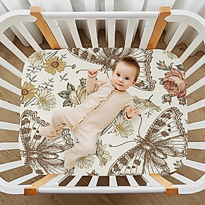 Kigai Fitted Crib Sheet for Boys Girls Jersey Knit Baby Crib Sheet Vintage Butterfly Crib Sheets for Standard Crib and Toddler Bed Mattresses, Cozy Soft Breathable, 28 x 52 inch