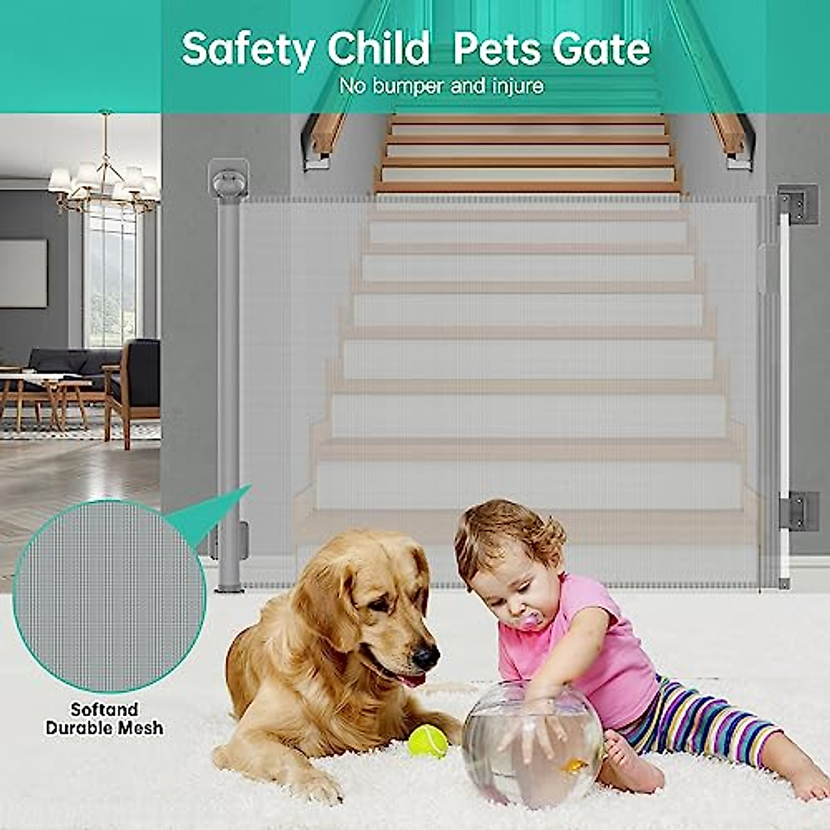 TATAVR Retractable Baby Gate, Mesh Baby Gate or Mesh Dog Gate, 33" Tall, Extends up to 63" Wide, Child Safety Gate for Doorways, Stairs, Hallways, Indoor/Outdoor(Gray)