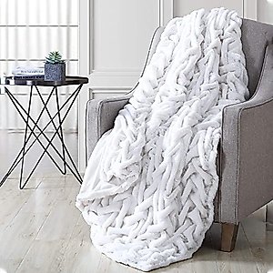 Modern Threads Luxury Solid Braided Faux Fur Reverse to Flannel Throw Blanket, Off White - 50" x 60"