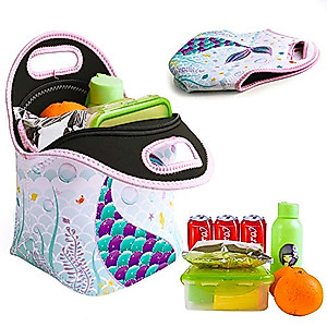 Mermaid Lunch Bag - Neoprene Kids Lunch Bag for Girls Gift Back to School Preschool Kindergarten Elementary Lunchbag Outdoor Picnic Camping Reusable Lunch Tote Bag