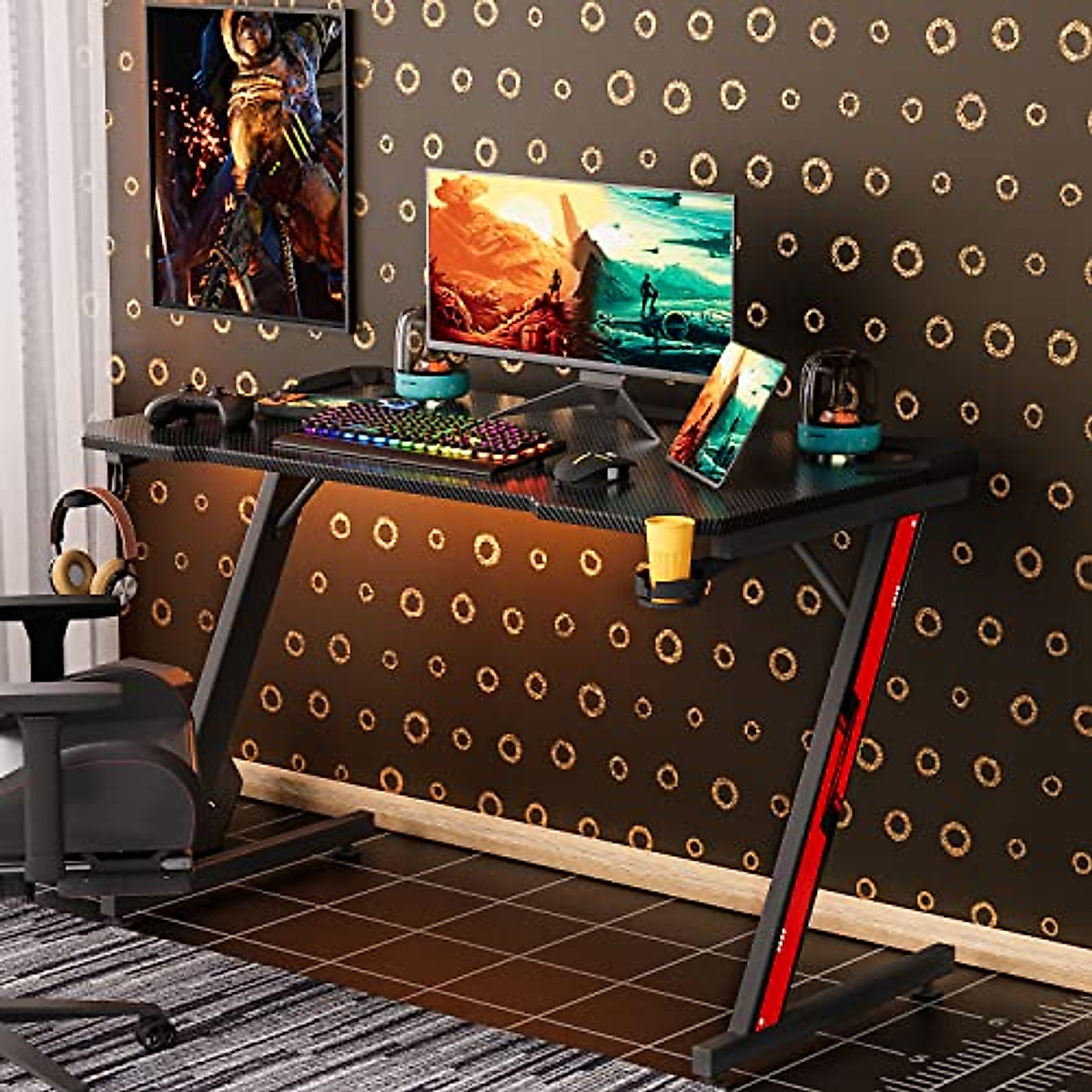 Homall Gaming Desk, Computer and Gaming Table Z Shaped for Pc, Workstation, Home, Office with Carbon Fiber Surface Cup Holder and Headphone Hook (44 inch, Black)