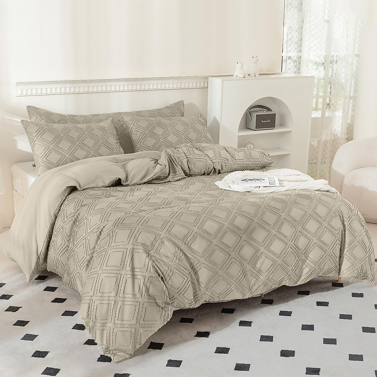 JELLYMONI Khaki Duvet Cover Full Size - 3 PCS Microfiber Tufted Duvet Cover Set, Boho Textured Duvet Cover Jacquard Rhombus Geometric Pattern Duvet Cover with Corner Ties & Zipper Closure