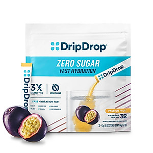 DripDrop Hydration - Zero Sugar Passion Fruit - Electrolyte Drink Mix Single Serve Powder Packets | Non-GMO, Gluten Free, Vegan | 32 Sticks