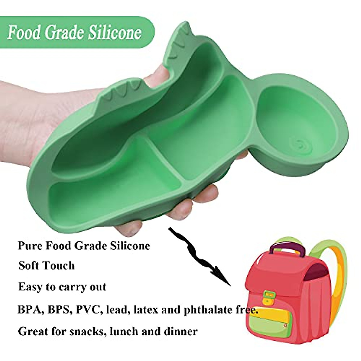 NICINGU Silicone Suction Plate spoon fork sets for Toddlers,Divided Plate Dish Placemat for Baby Kids Infant Self Feeding Training,Fits Most Highchairs, BPA Free Microwave Dishwasher Safe- Green
