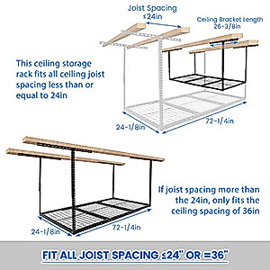 3x6 Ceiling Storage Overhead Garage Rack 72-1/4" Length x 24-1/8" Width x 22"-40" Steel Black Adjustable Height
