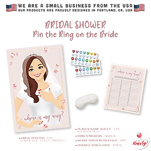 Pin The Ring on The Bride Game, 56 Gems Stickers, Bridal Shower Rings for Bridal Shower Games, Wedding Party, Large Poster, Rose Gold Party Supply