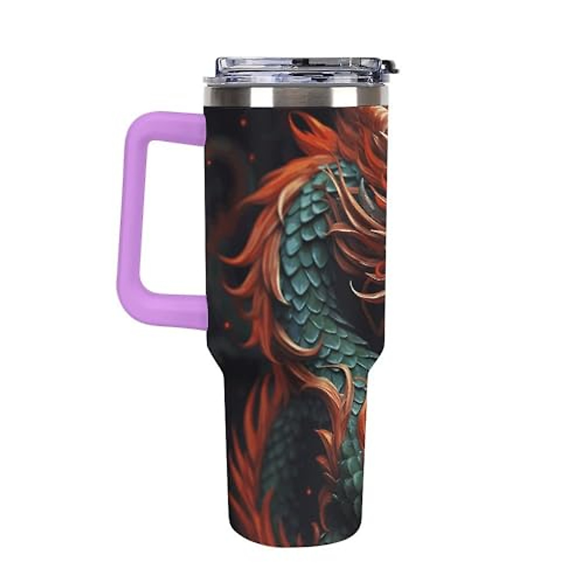LLUTSNTH 40 Oz Vacuum Tumbler with Violet Handle Leakproof Insulated Tumbler Chinese Dragon Stainless Steel Travel Mug with Lid And Straw Coffee Cup Cute Water Bottles Cup Holder Friendly