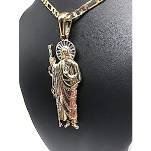 Big Saint Jude Pendant Necklace Figaro 26" San Judas Tadeo XL Tres Colores Medalla Con Oro Laminado